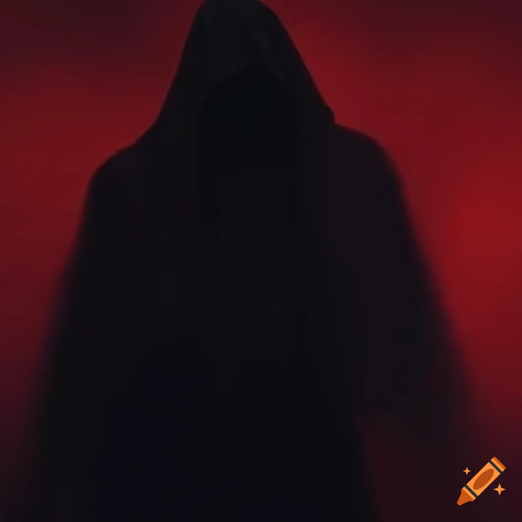 Creepy hooded figure in a red mist on Craiyon