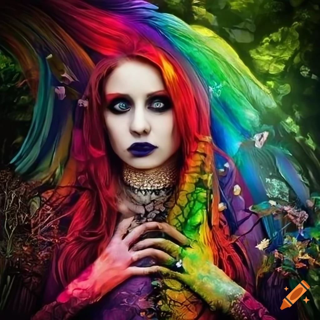 Colorful and surreal woman's face in a gothic forest setting on Craiyon