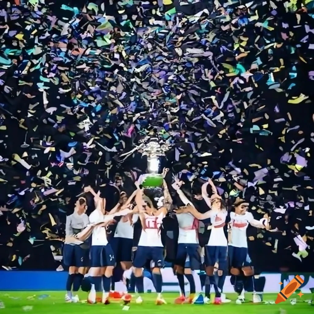 Tottenham players celebrating with a trophy and confetti on Craiyon