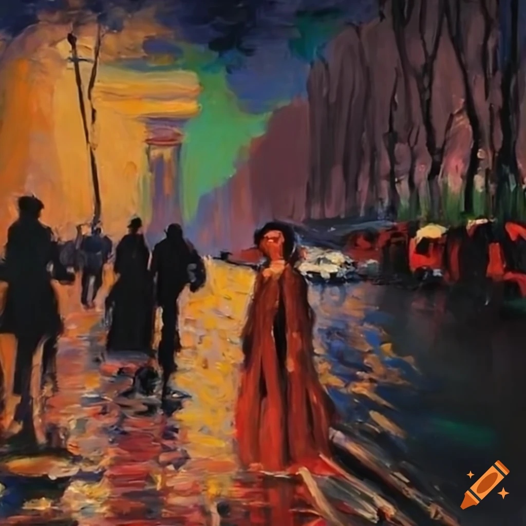 Foreboding 1955 painting of Champs-Elysees in impressionist style with ...