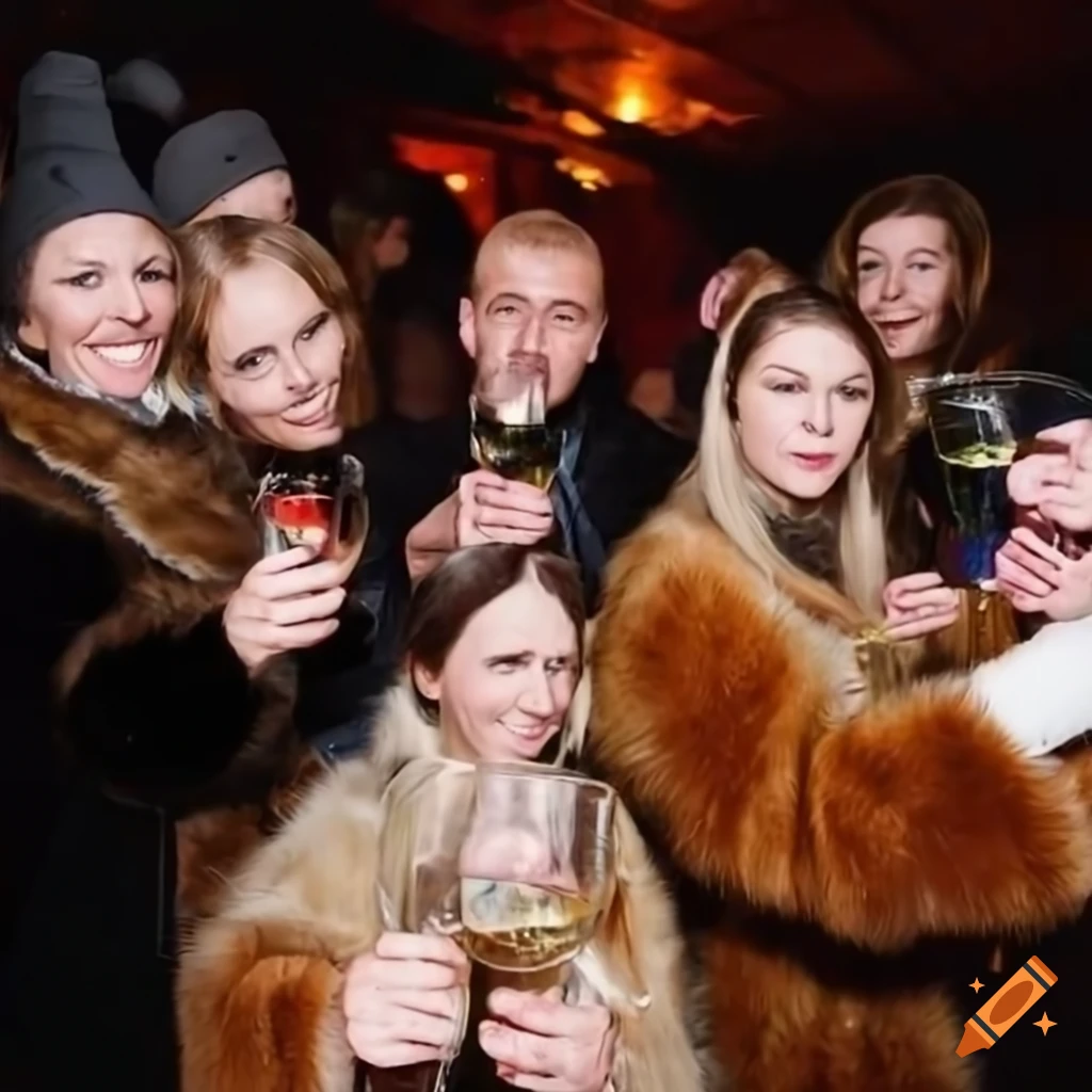Apres ski party in St. Moritz with people in fur coats and champagne on ...