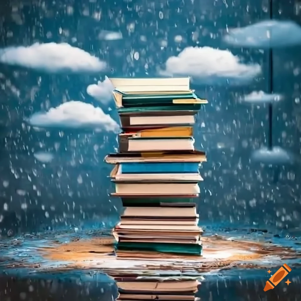 Rain pouring on books in a cheerful used bookstore on Craiyon