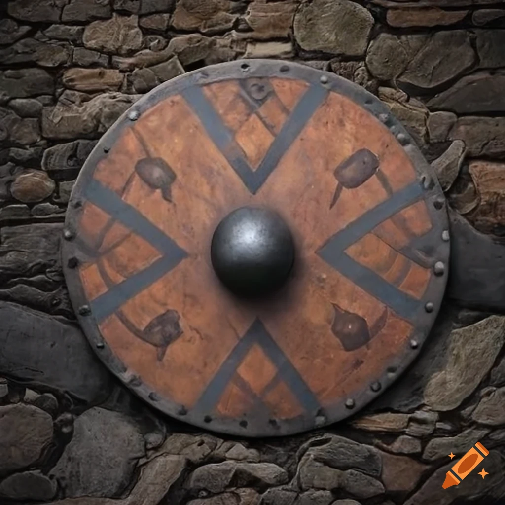 Viking-era round shield leaning on a stone floor on Craiyon