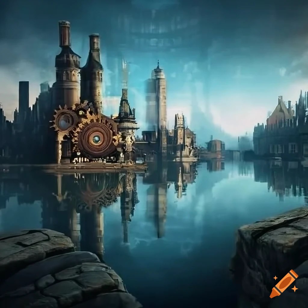 Steampunk metropolis with gears and cobblestone streets overlooking a ...