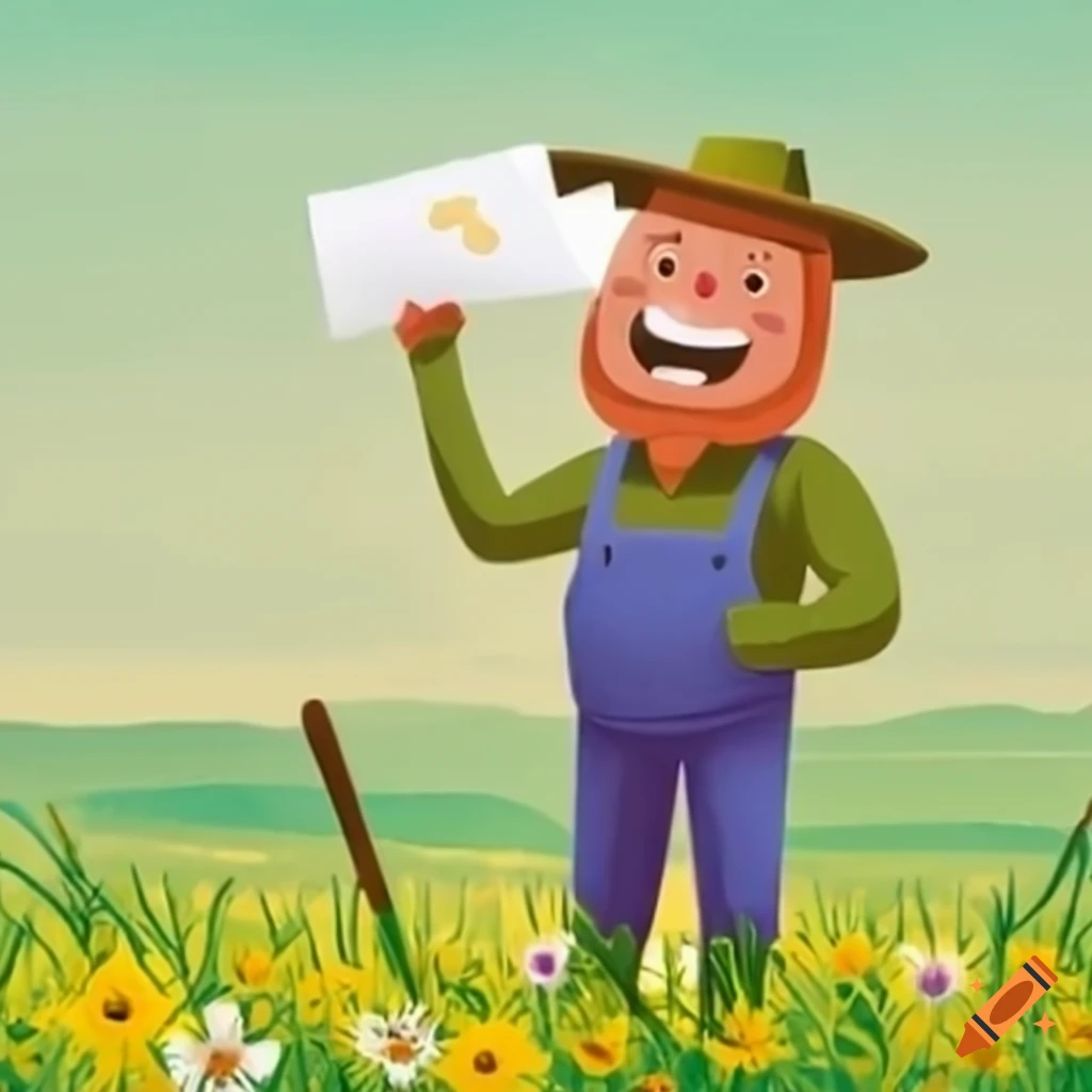 Happy farmer holding a piece of paper on a flowering meadow on Craiyon
