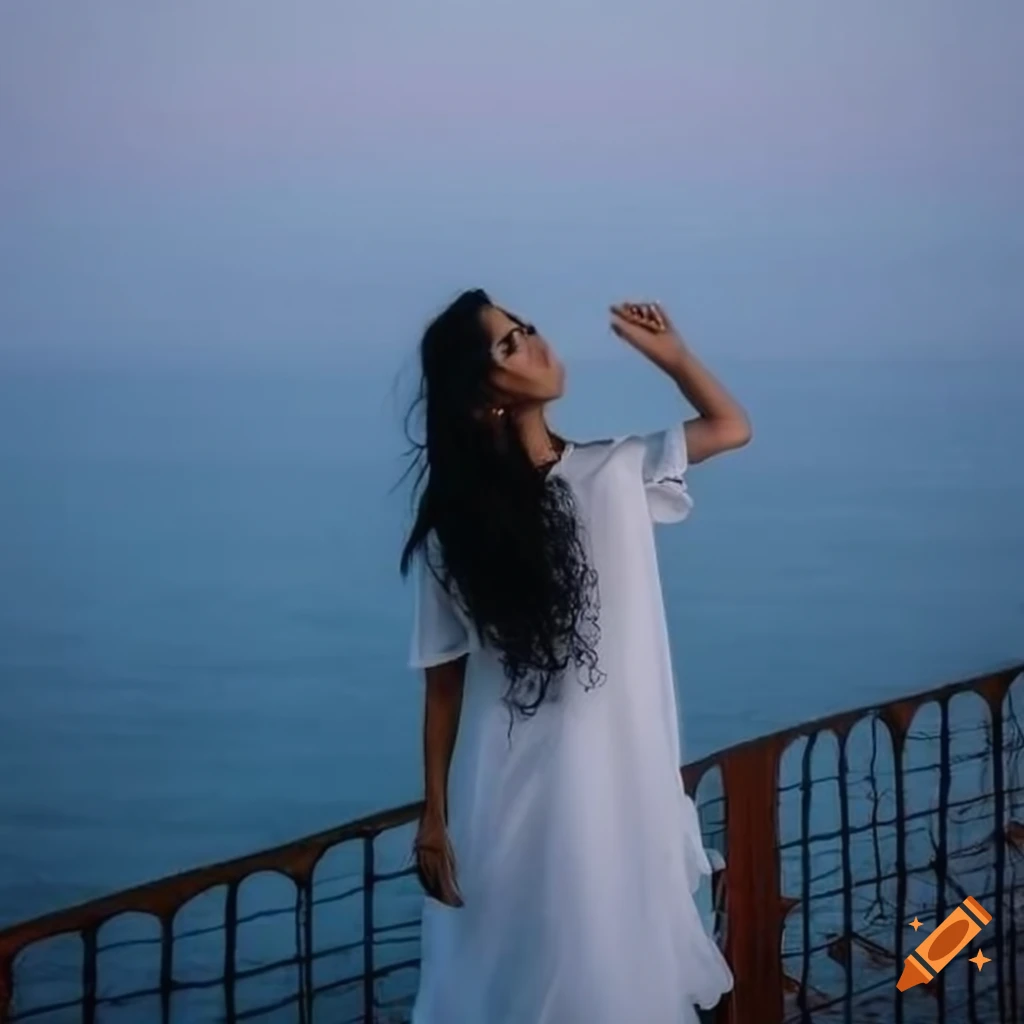 Enchanting woman in white kurti standing at cliffside gazebo facing the ...