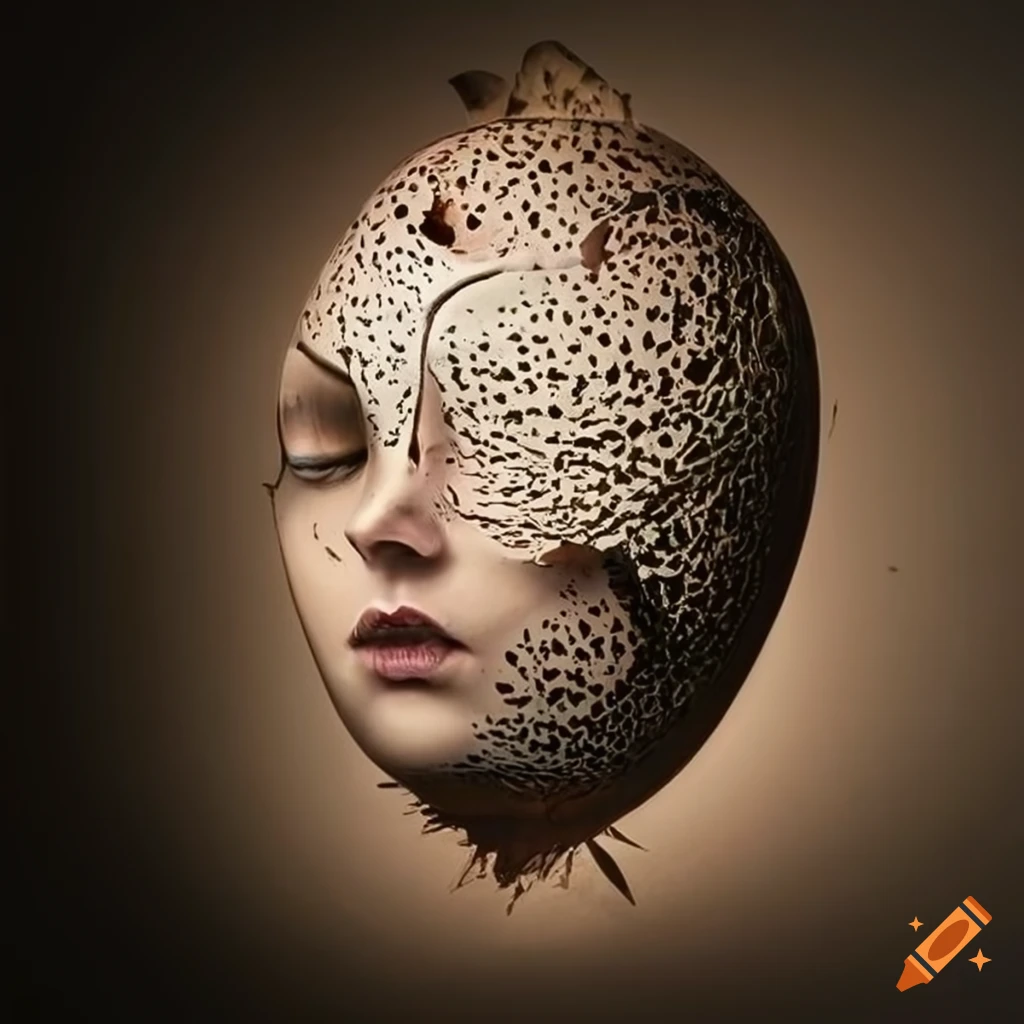 Surrealist artwork of human form as intricate egg shells on Craiyon