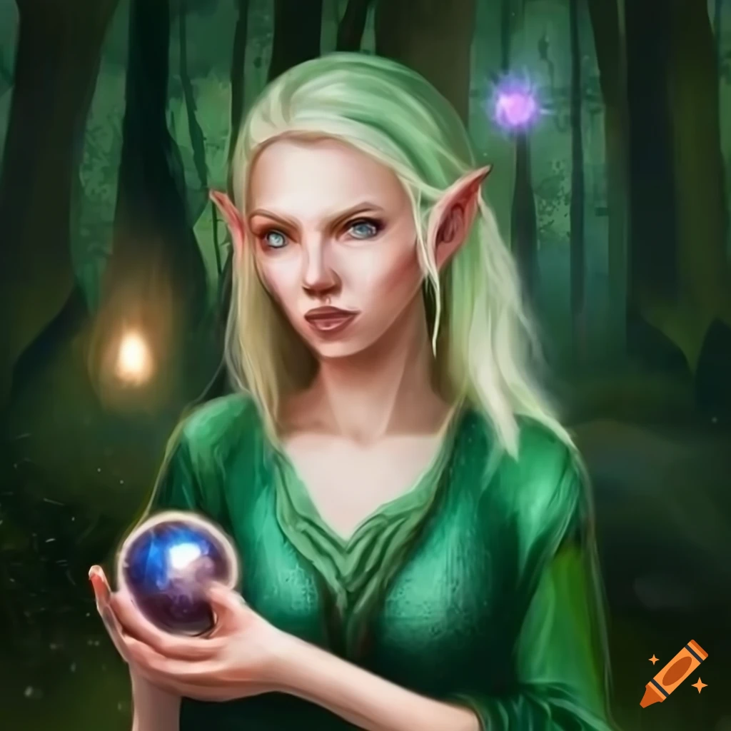 Realistic portrait of an elf sorceress with magical orb in a forest ...