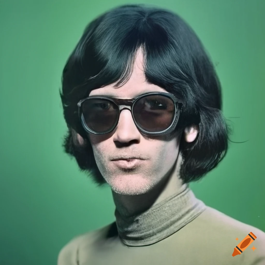 Male rockstar with medium black hair and glasses in 60s style photo on ...