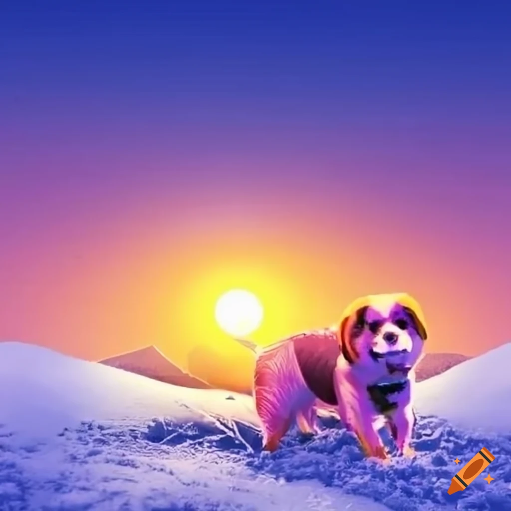 Dog enjoying sunset in snowy landscape on Craiyon