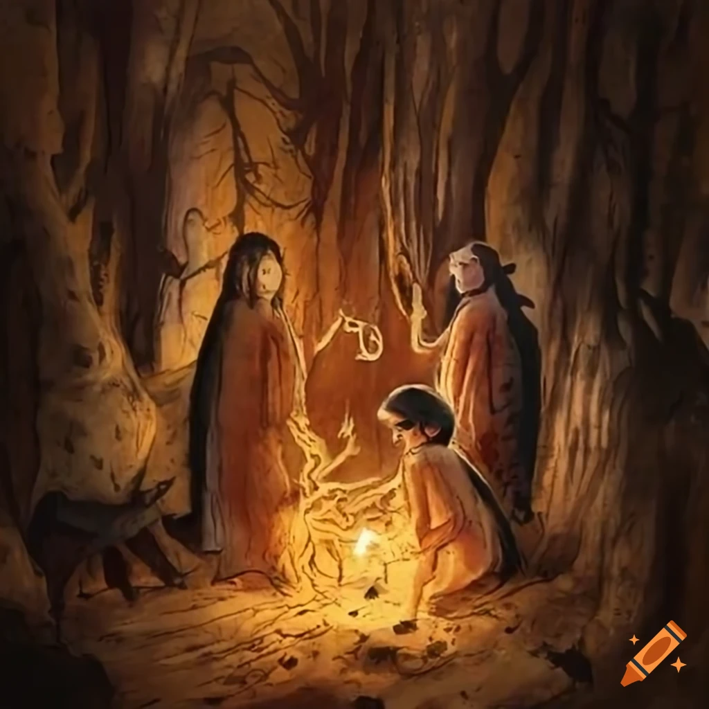 Primitive cave painting of people gathering wood in a forest on Craiyon