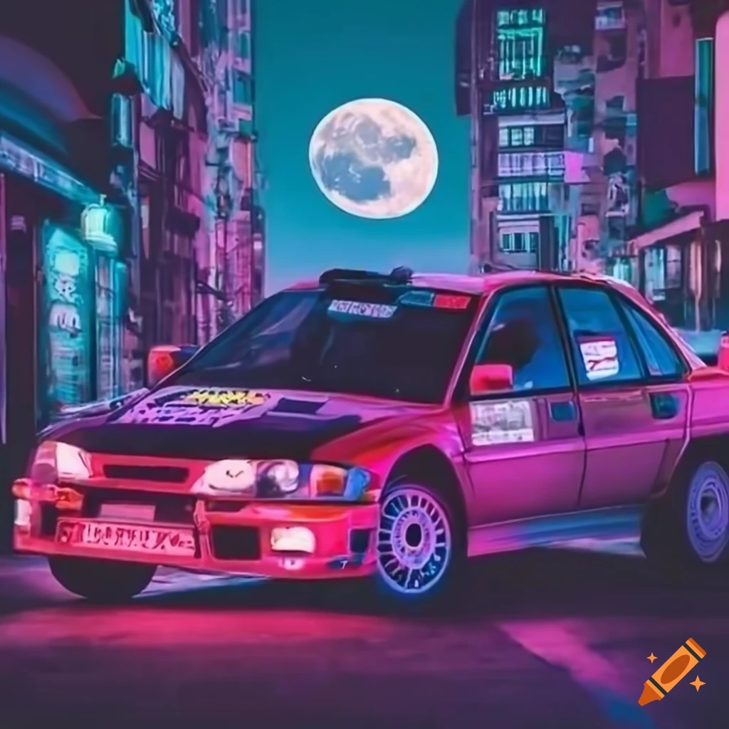 Mitsubishi lancer viii rally car in neon cityscape under moonlight on ...