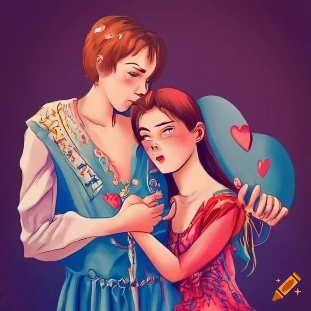 Hand-drawn Romeo and Juliet with hearts in a humorous style for a play ...