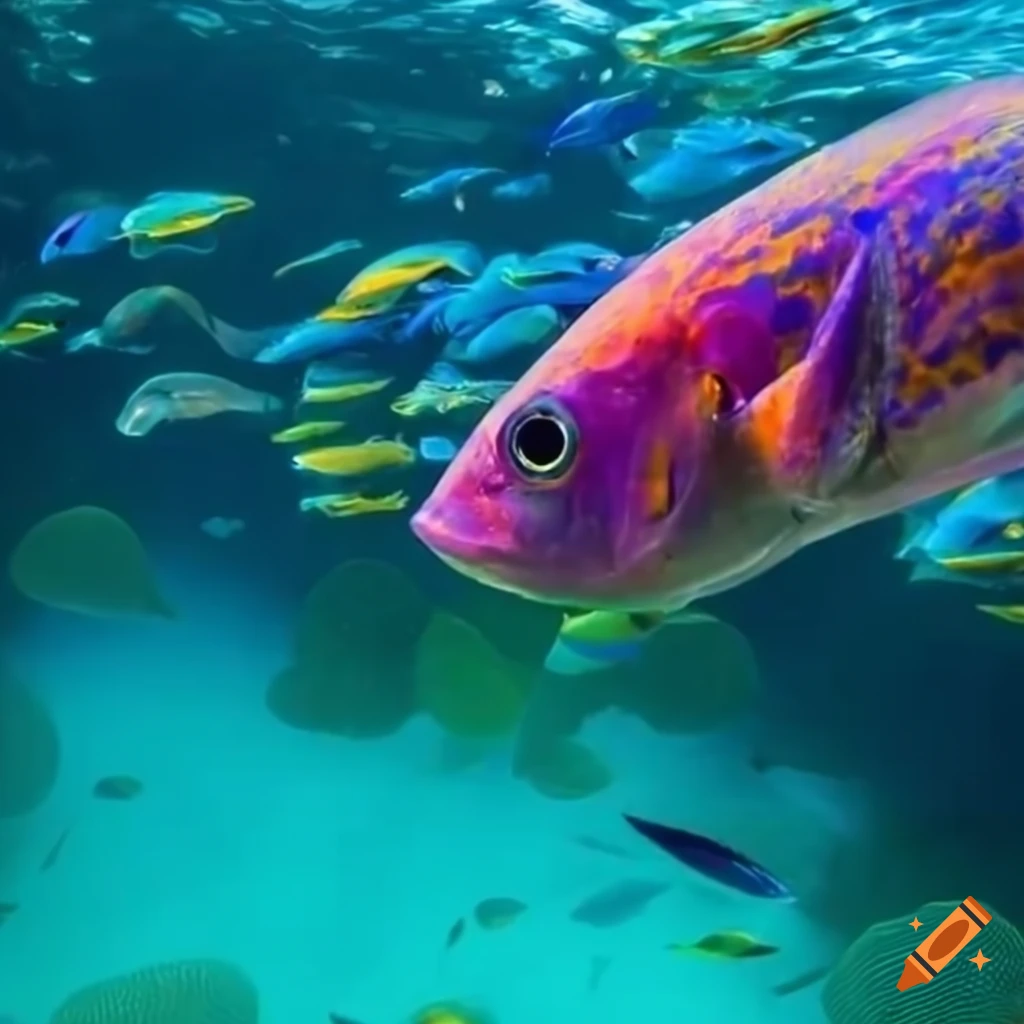 Rainbow-colored school of fish swimming in clear waters on Craiyon
