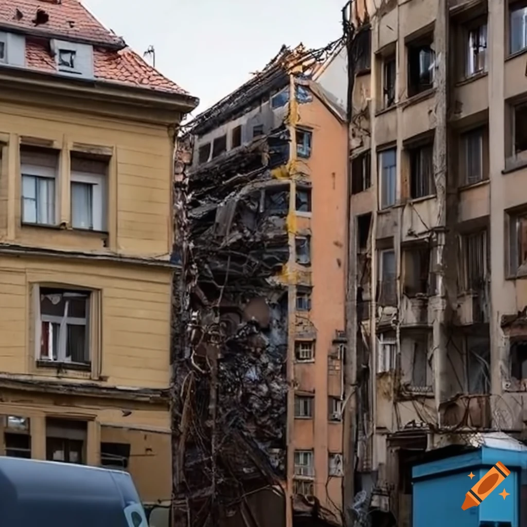 Devastated and demolished old baroque apartment building in prague on ...