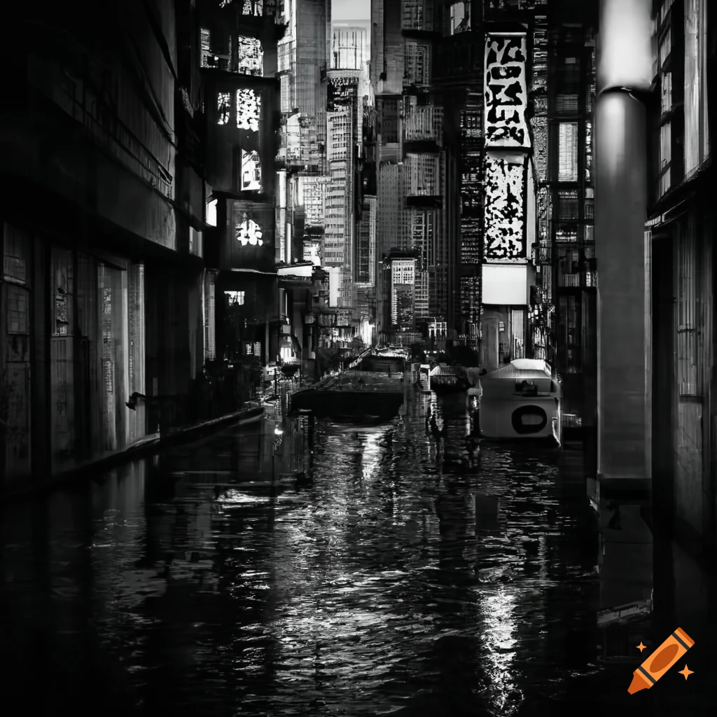 Rainy cityscape in black, white, and grey tones in Tokyo on Craiyon