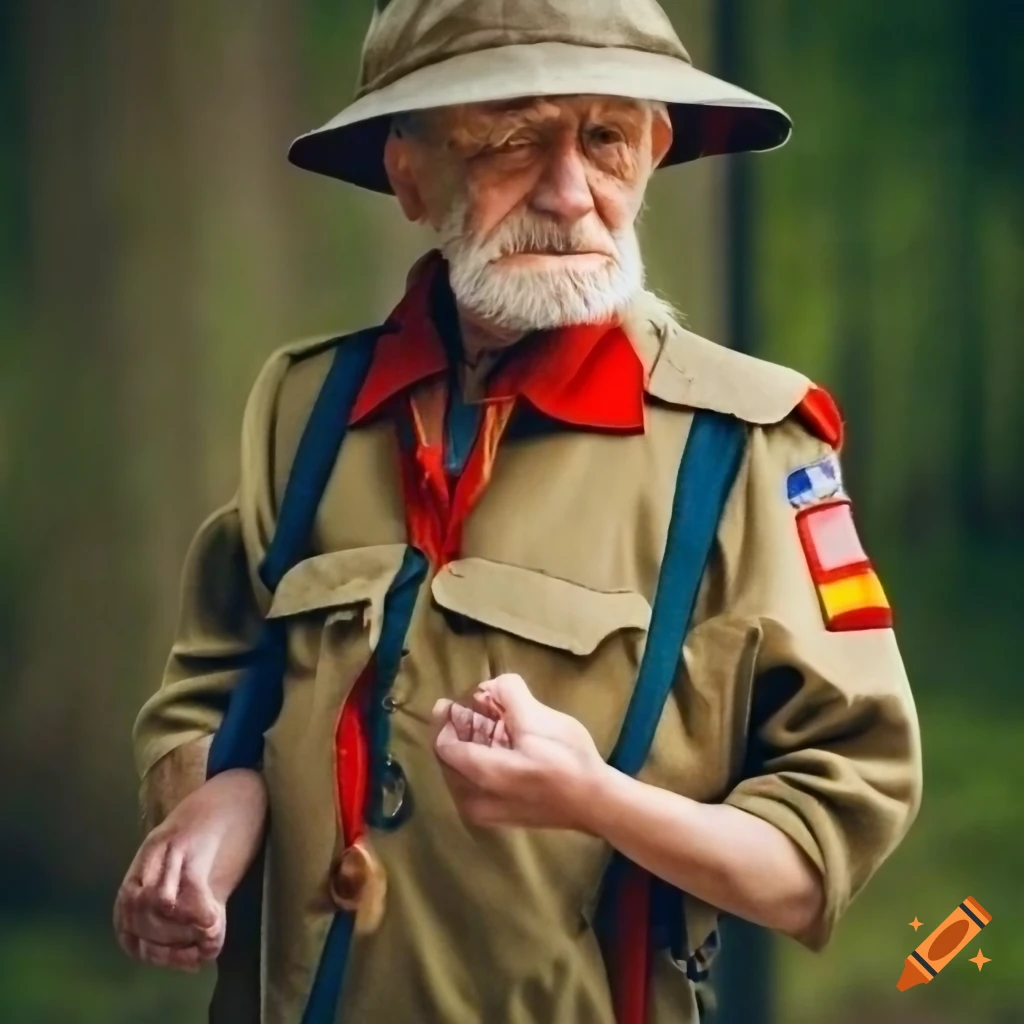 Confused old man in Boy Scout uniform shivering in the wilderness on ...