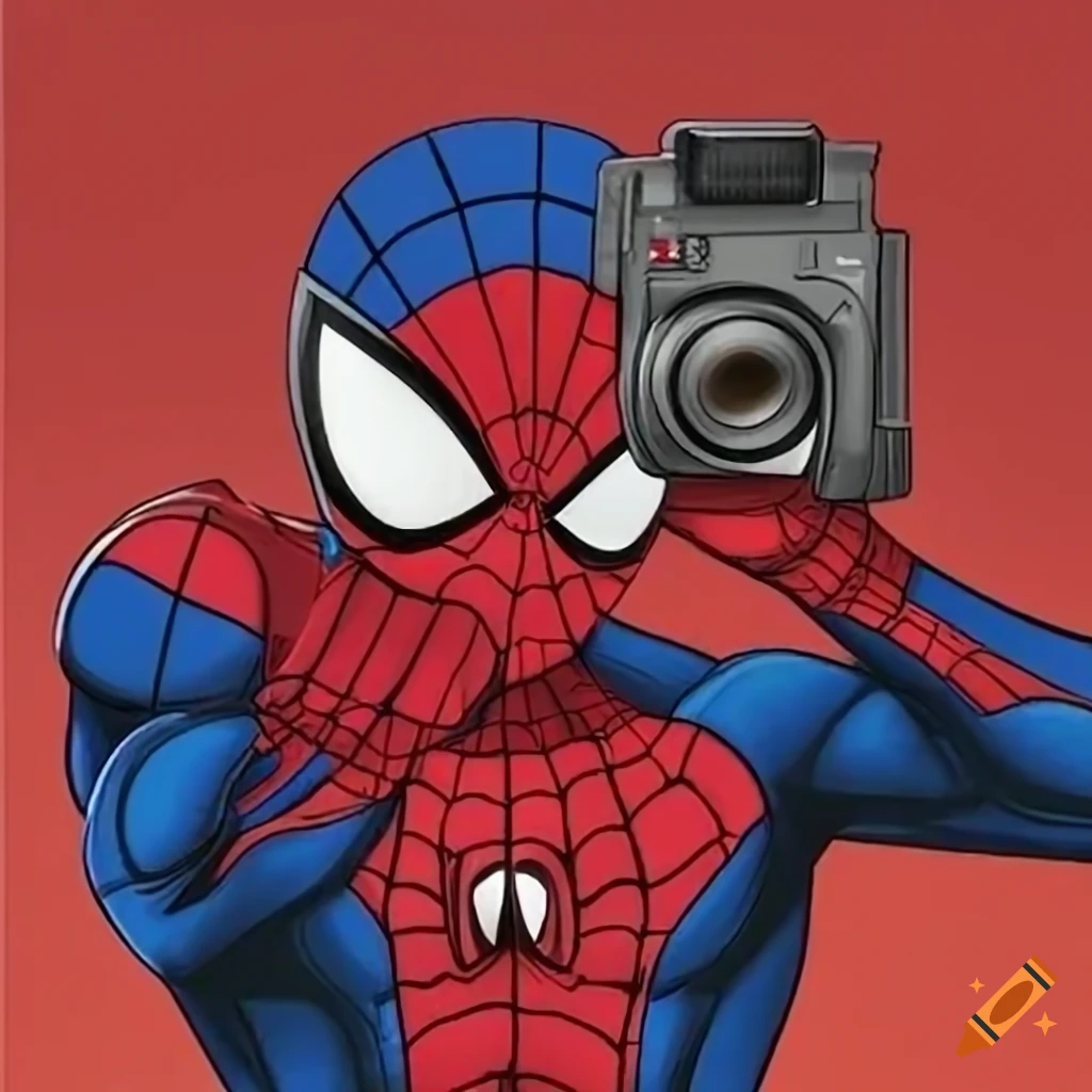 Cartoon of spiderman holding a camera in a front view on Craiyon