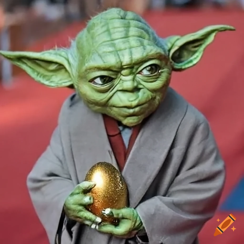 Yoda receiving a golden egg on the red carpet with paparazzi on Craiyon