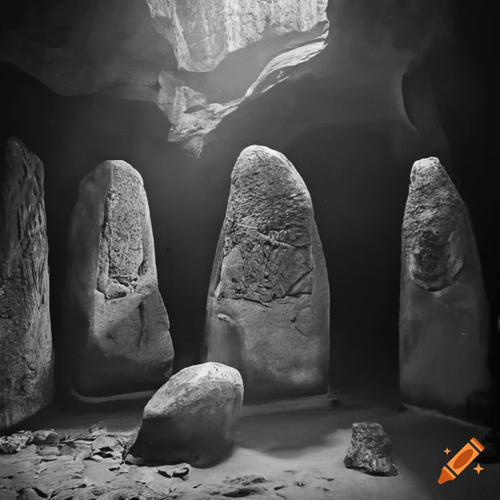 1920's archaeologists by small standing stone circle in a cave on Craiyon