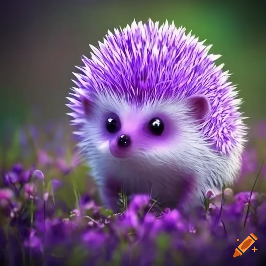 Cute happy purple hedgehog in a flower meadow on Craiyon