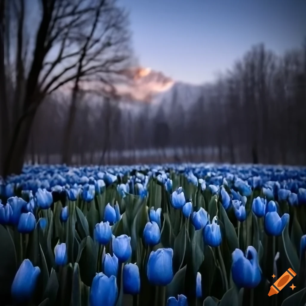 Green-blue tulip bulbs in a serene snowy landscape at twilight on Craiyon