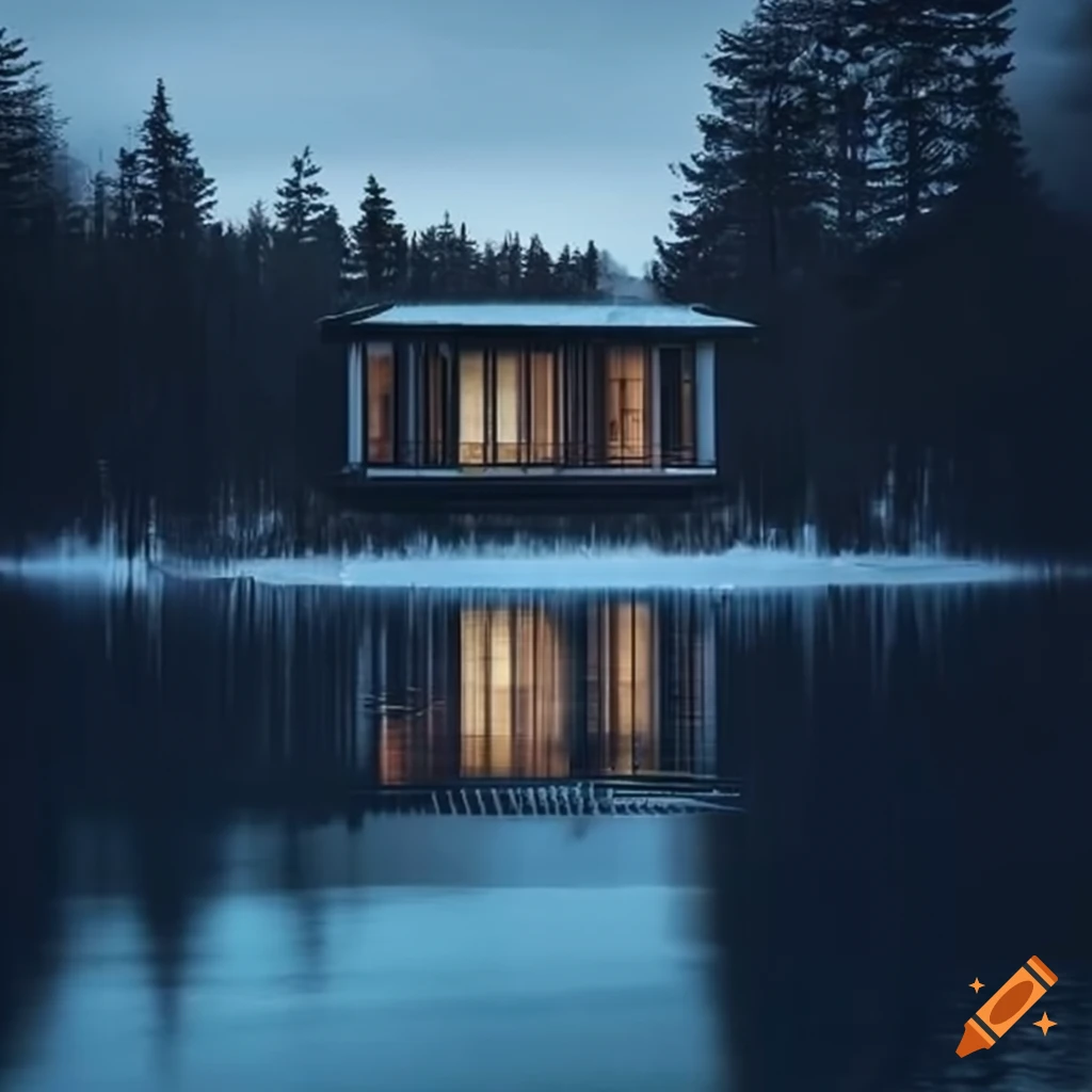 Lakehouse in a scandinavian setting with animated data streams from the ...