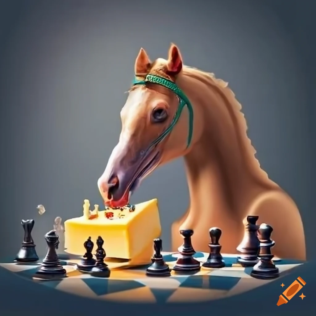 Horse playing chess and eating cheese on Craiyon