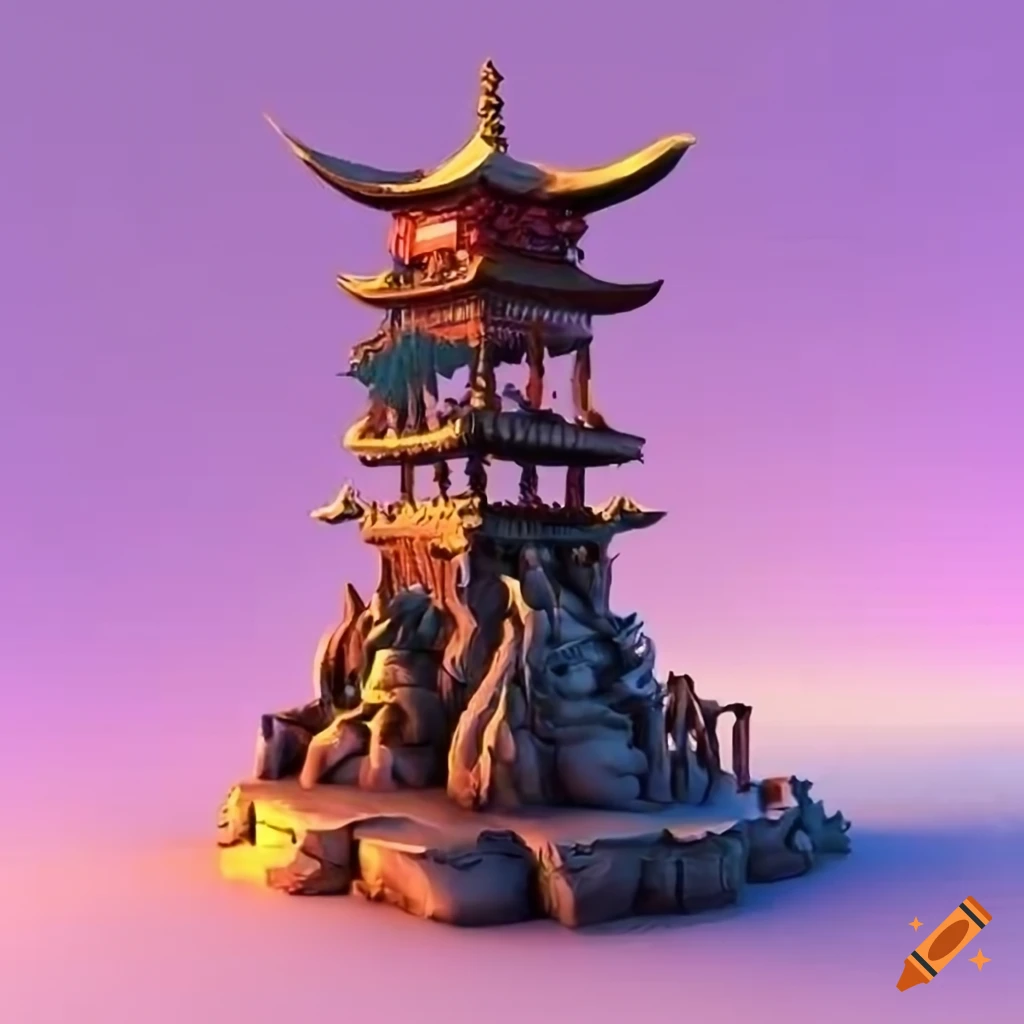 3D miniature model of a futuristic shrine with photorealistic magic ...