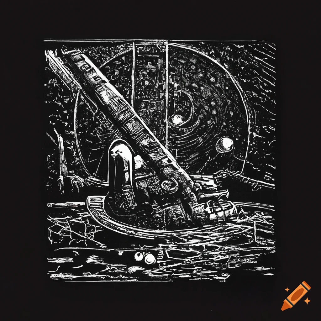 Black and white woodblock print of cryptic space station technology ...