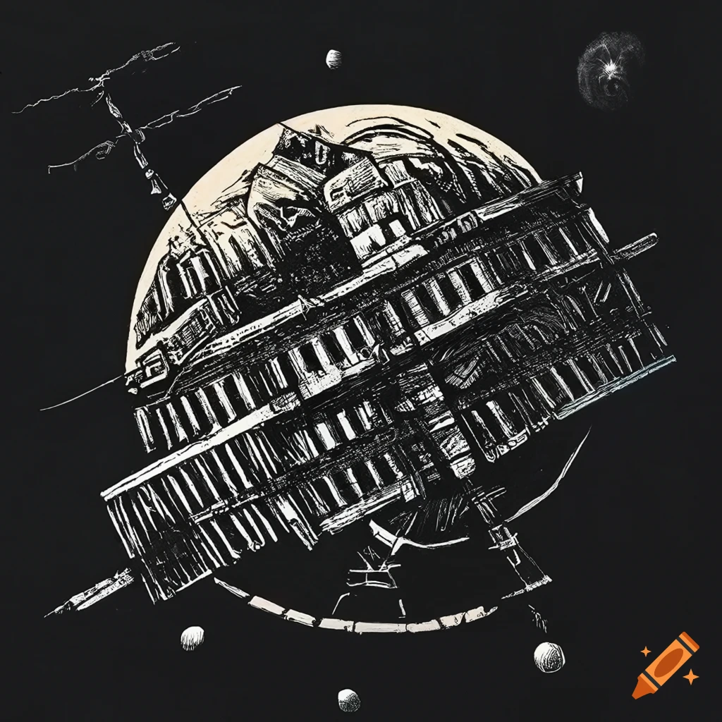 Black and white woodblock print of cryptic space station technology ...