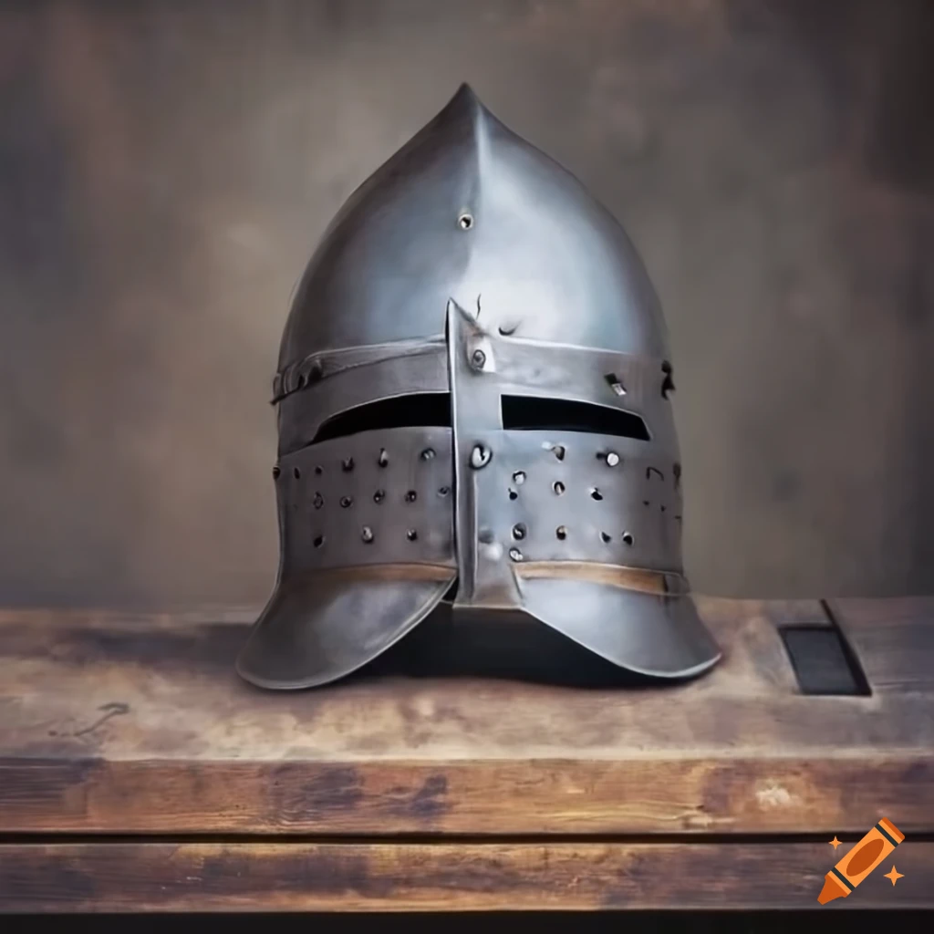 Medieval helmet on a table in a shop on Craiyon