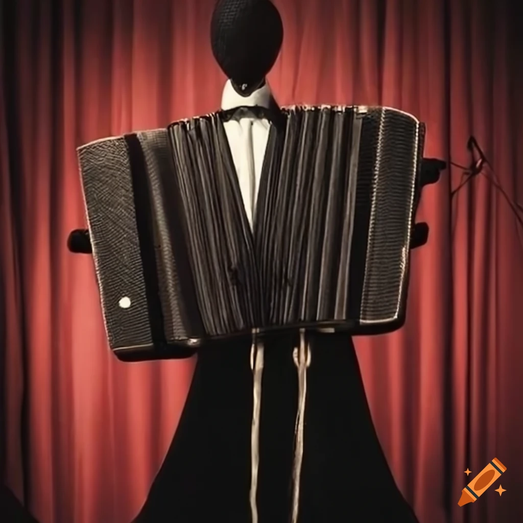String puppet in formal clothing playing accordion bandoneon with steam ...