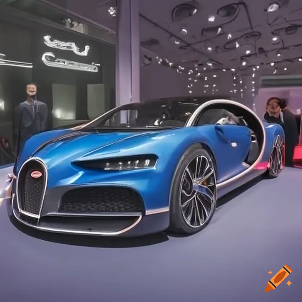 Next-generation Bugatti vehicle showcased at an auto show on Craiyon