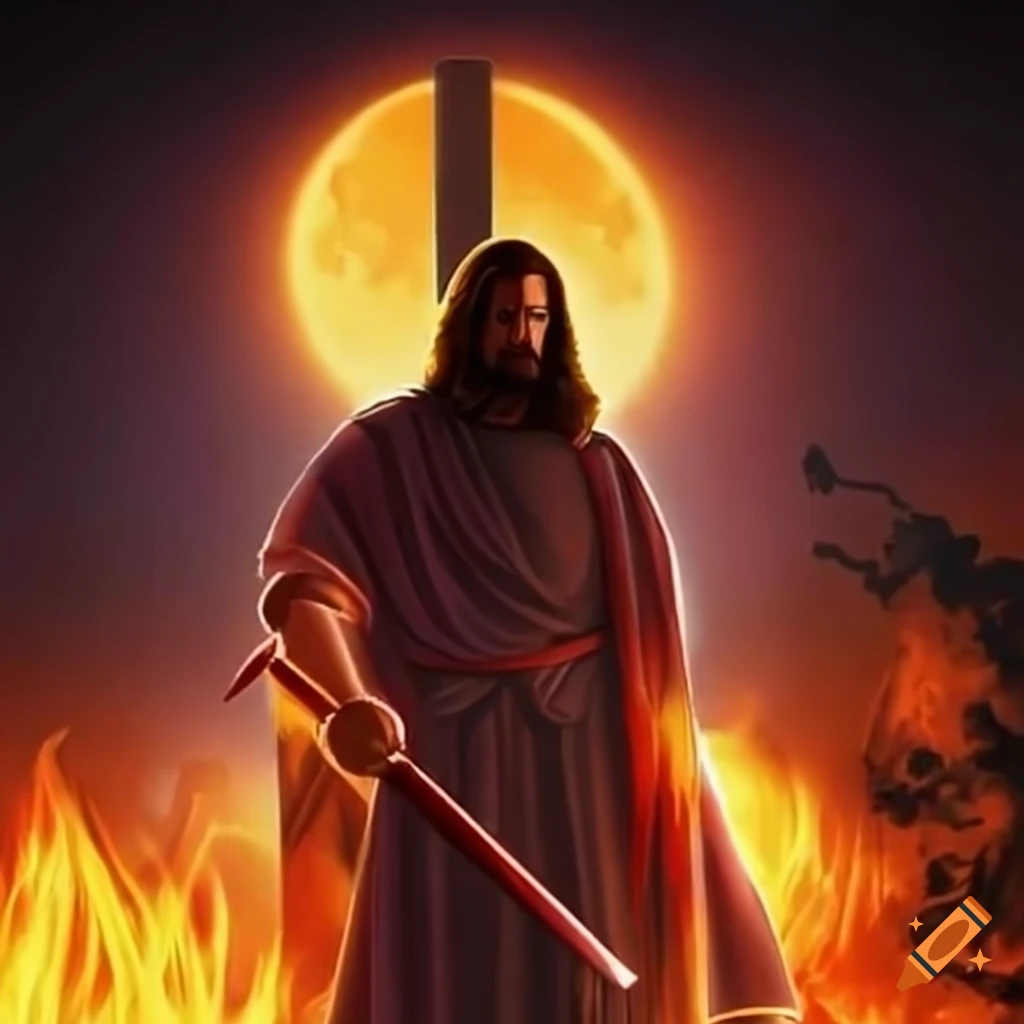 Strong knight walking with jesus christ against flames on Craiyon