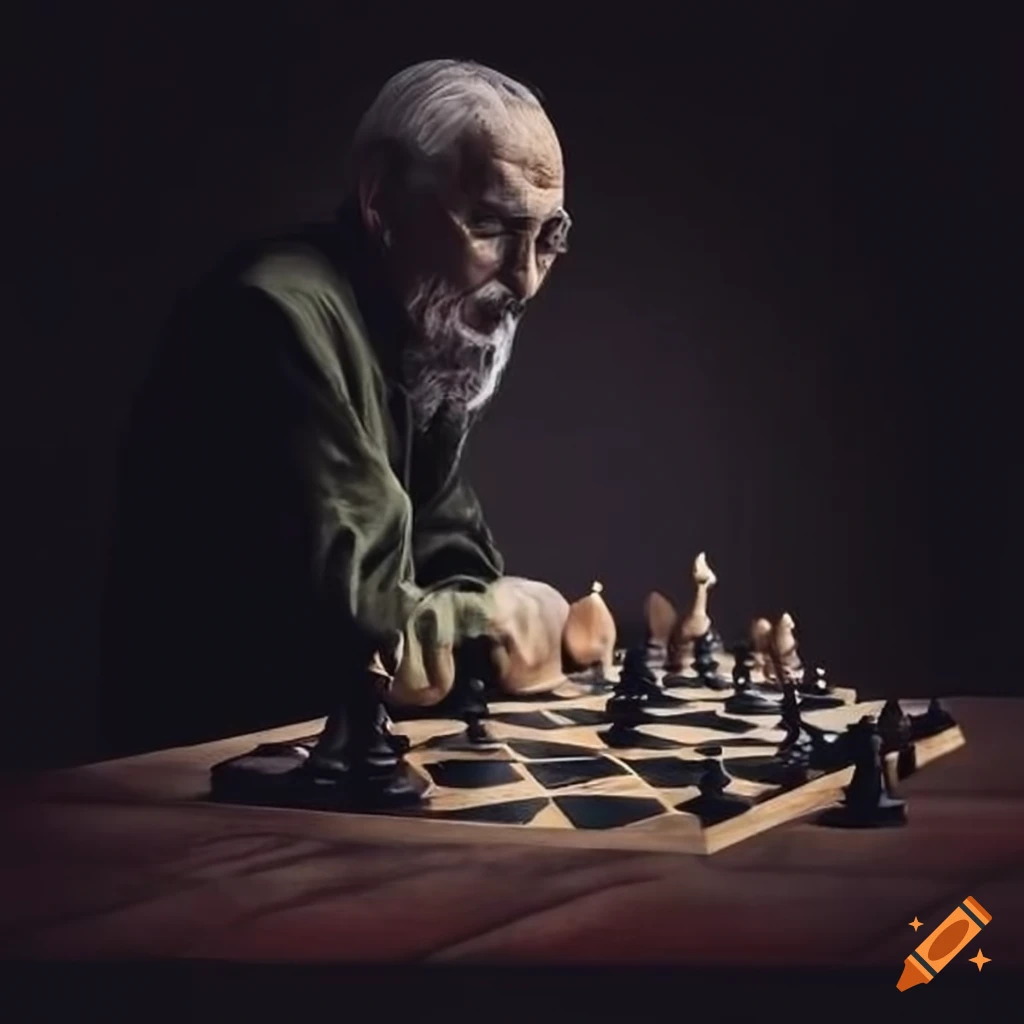 Elderly man playing chess on Craiyon