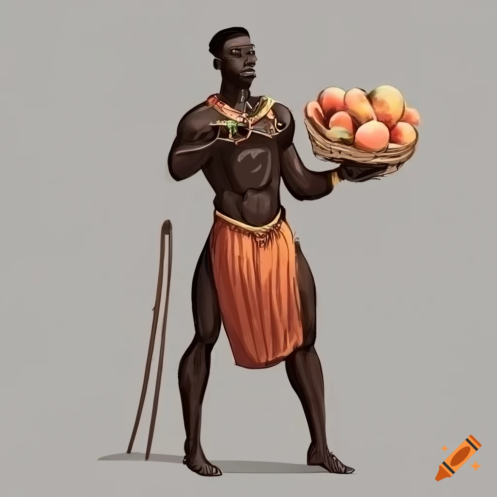 Peach-themed nigerian god in greco-roman style holding peaches next to ...