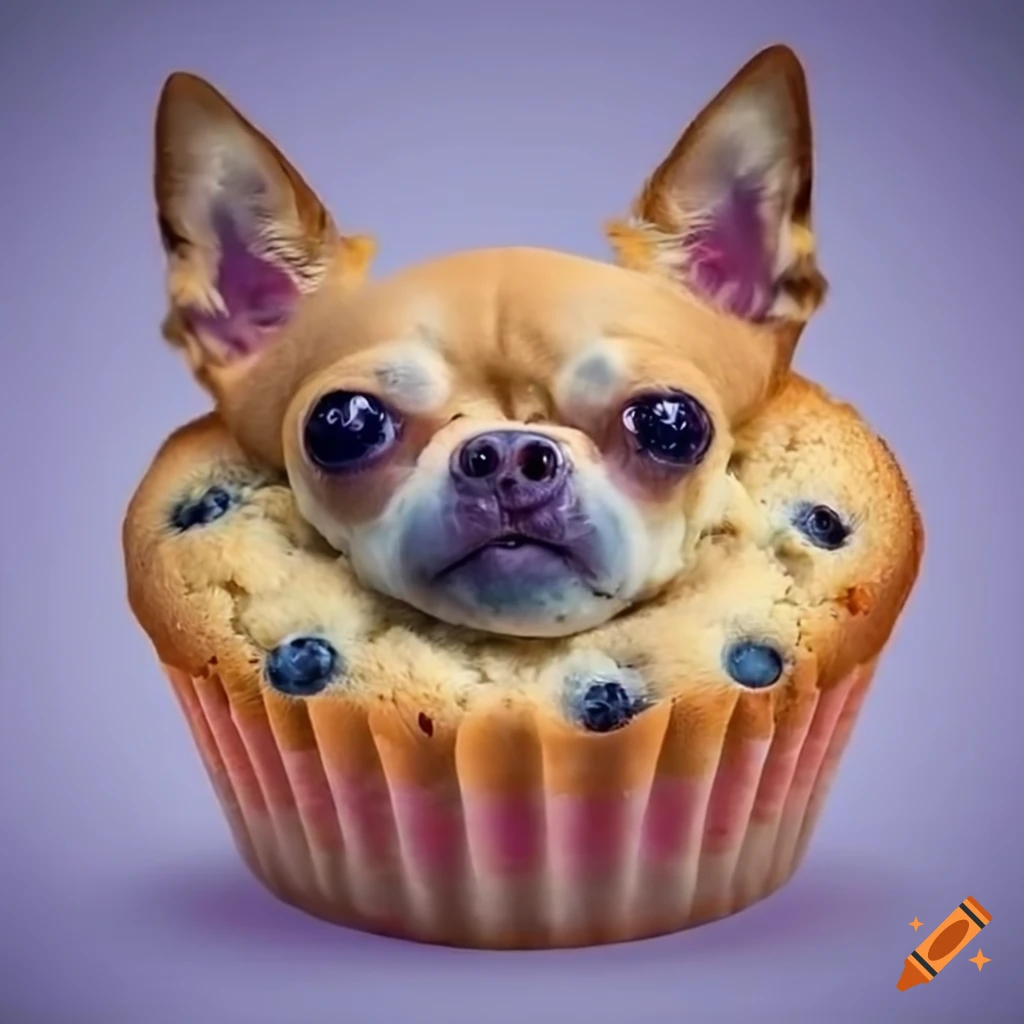 Blueberry muffin with a chihuahua face and hat on Craiyon