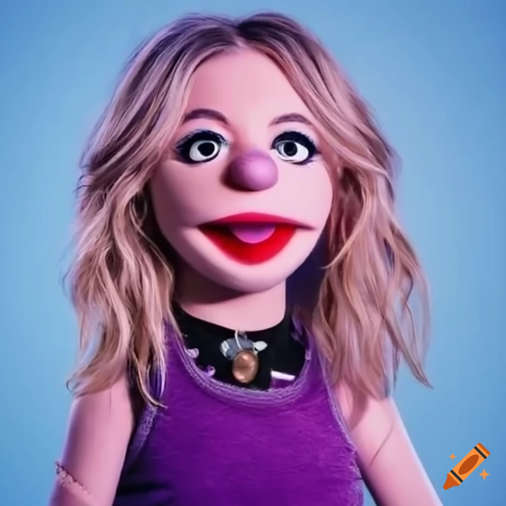 Sydney Sweeney as a detailed muppet style puppet in purple tank top and ...