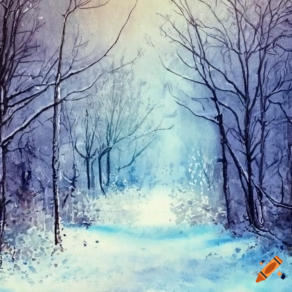 Serene winter path in the countryside captured in vintage watercolor on ...