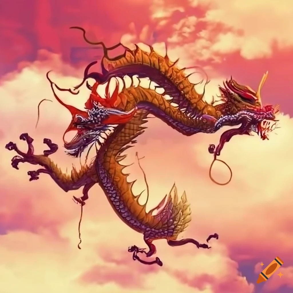 Traditional Chinese dragon soaring through mystical clouds on Craiyon