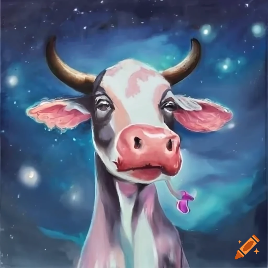 Comedic anime-style cow against a starry sky with a wide grin on Craiyon