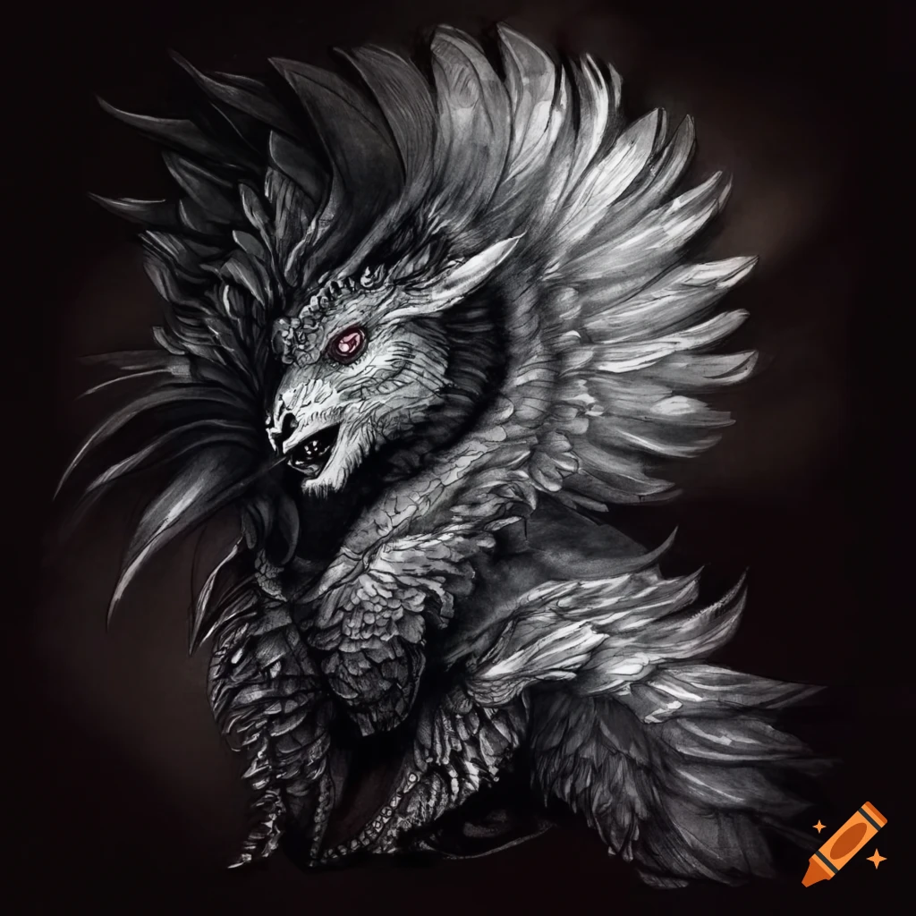 Elegant winged beast depicted in an ink drawing on Craiyon
