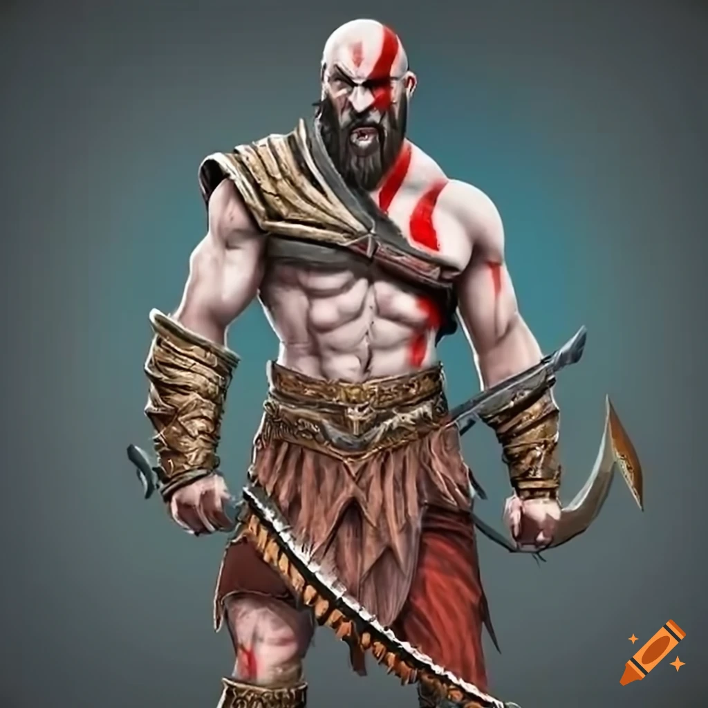 Kratos, formidable Spartan warrior with red war paint and rugged beard ...
