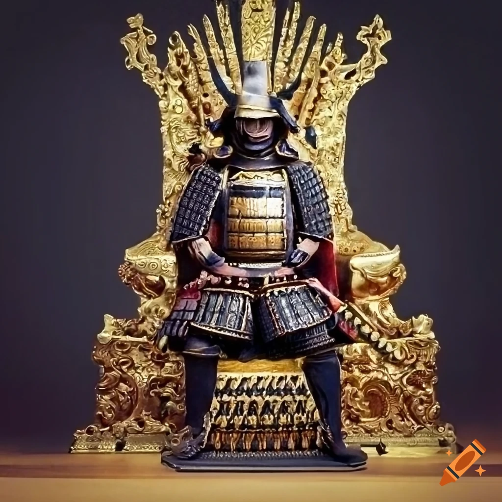 Elegant Samurai Shogun in armor holding a katana on a golden throne on ...