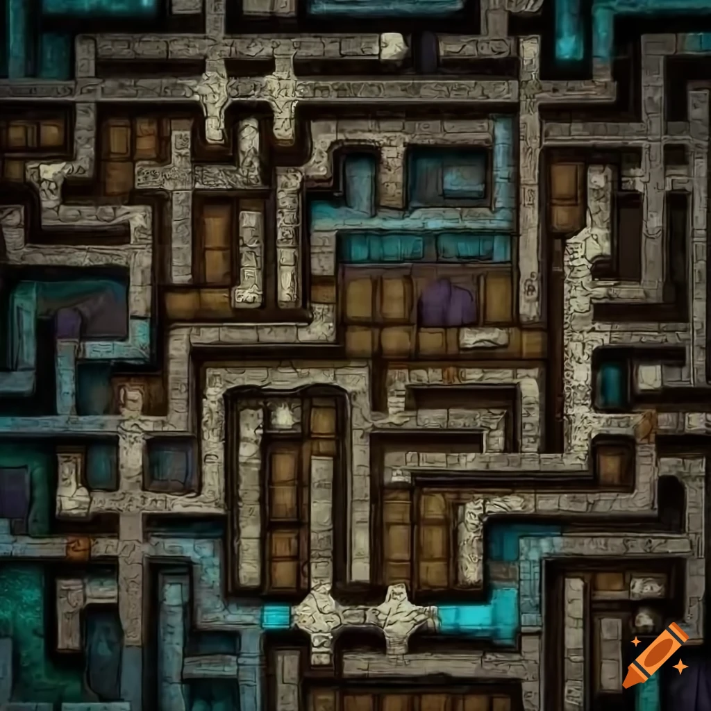 Underground labyrinth map with detailed stone and metal walls on Craiyon