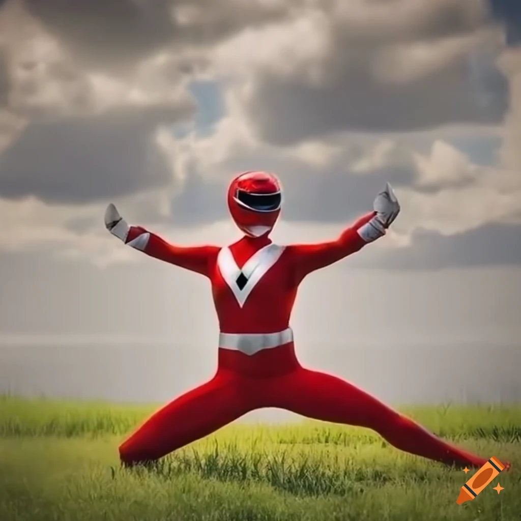 Red power ranger in a yoga pose in serene nature landscape on Craiyon
