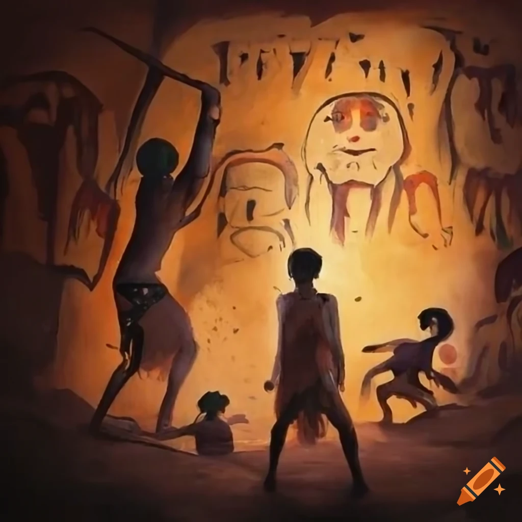Primitive cave painting of people painting on a wall on Craiyon