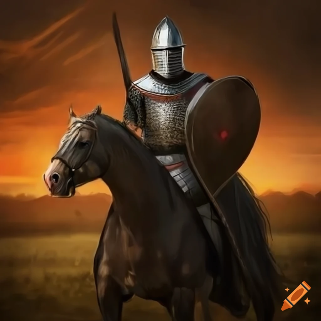 Realistic portrait of a charging knight on horseback in a field on Craiyon