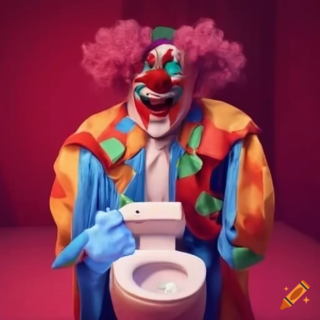 Clown character trying to sit on a toilet in a quirky scene on Craiyon